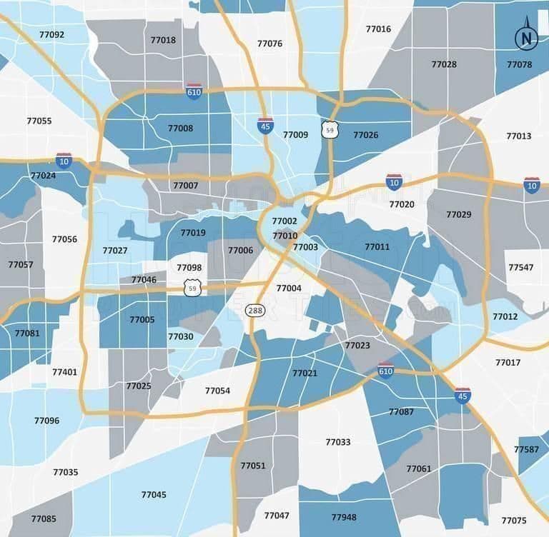 Map Of Houston Postcode Zip Code And Postcodes Of Houston Map Of Houston Postcode Zip Code And Postcodes Of Houston